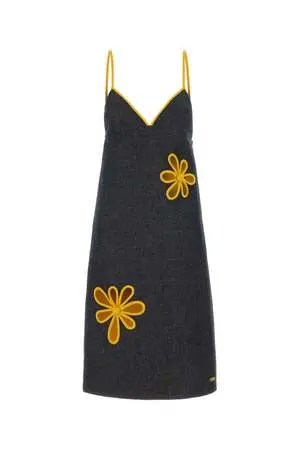 Fendi Textured Denim Dress With Floral Appliqu