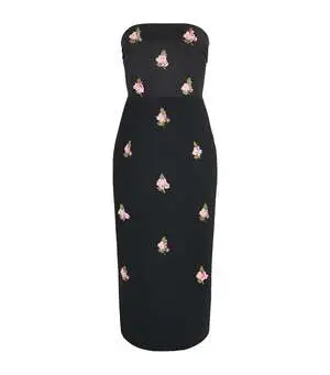 Carolina Herrera Strapless Embroidered Floral Sheath Midi Dress - Black