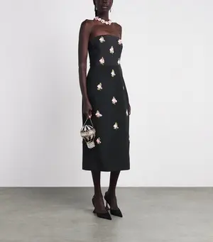 Carolina Herrera Strapless Embroidered Floral Sheath Midi Dress