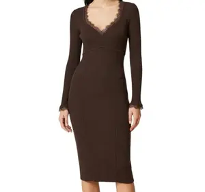 TWINSET Lace-trimmed Ribbed-knit Midi Dress