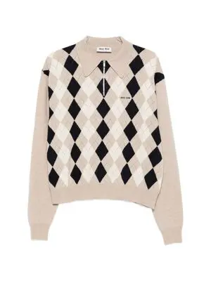 Miu Miu Argyle Intarsia Embroidered Logo Cashmere Polo Shirt - Multicolor