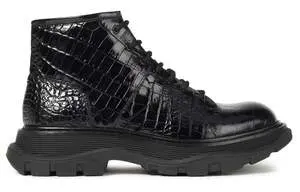 Alexander McQueen Crocodile Effect Lace Up Boots