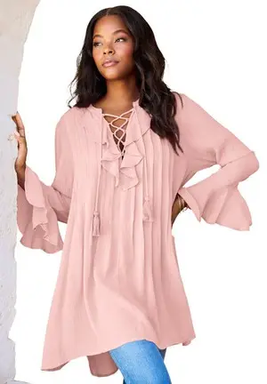 Roaman's Hand Crinkled Ruffle Pintuck Tunic - Soft Blush