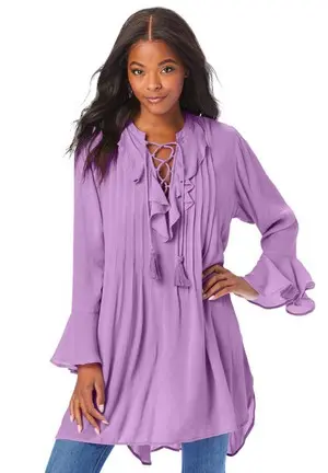 Roaman's Hand Crinkled Ruffle Pintuck Tunic Blouse - Violet