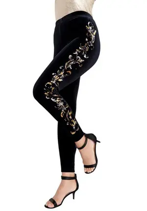 Roaman's Velour Leggings With Embellished Detail - Metallic Sequin