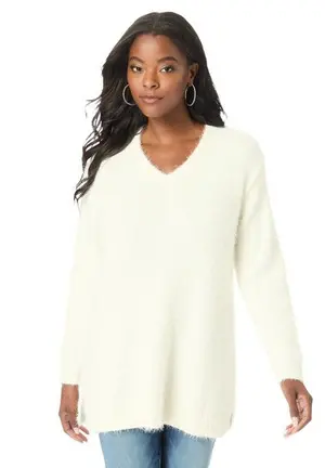 Roaman's Eyelash Yarn V-neck Sweater With Dropped Shoulders - Ivory