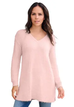 Roaman's Eyelash V Neck Sweater - Soft Blush