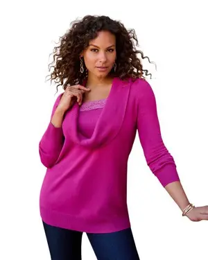 Roaman's Lightweight Cowl Neck Sweater With Lace Trim - Raspberry