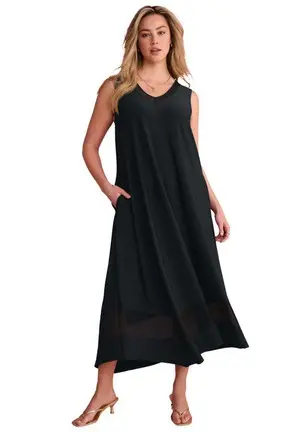Roaman's Stretch Knit V Neck Sleeveless Maxi Dress - Black