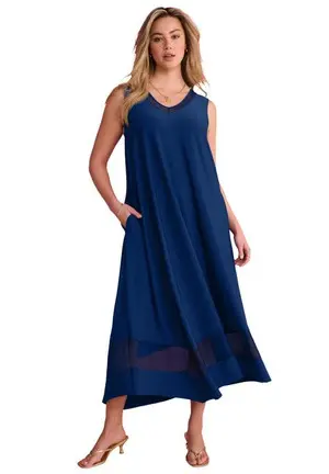 Roaman's Stretch Knit V Neck Sleeveless Maxi Dress - Evening Blue