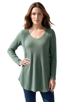Roaman's Knit Thermal V-neck Swing Tunic With Long Sleeves - Cool Sage