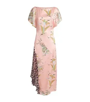 Staud Fawn Silk Blend Midi Dress With Floral Print And Draped Panel