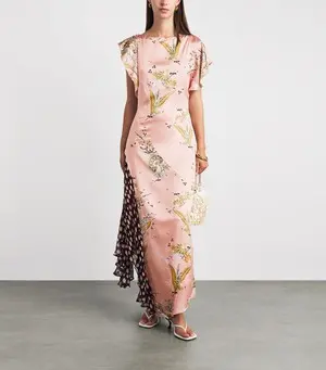 Staud Fawn Silk Blend Midi Dress With Floral Print And Draped Panel