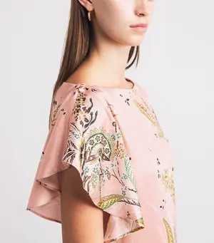Staud Fawn Silk Blend Midi Dress With Floral Print And Draped Panel