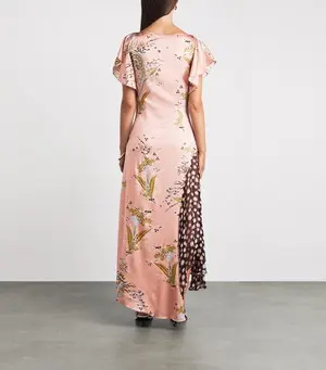 Staud Fawn Silk Blend Midi Dress With Floral Print And Draped Panel