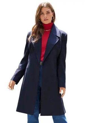 Roaman's Belted A-line Wool Blend Coat - Navy