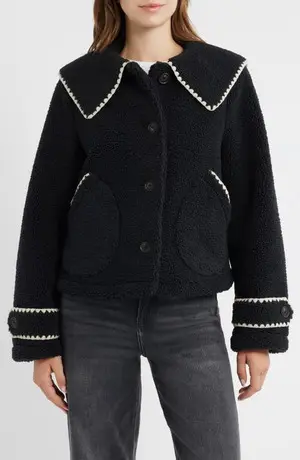 UGG Nikia Fleece Jacket With Oversized Collar And Whipstitched Trim - Black