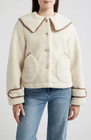 UGG Nikia Fleece Jacket With Oversized Collar And Whipstitched Trim - Cream