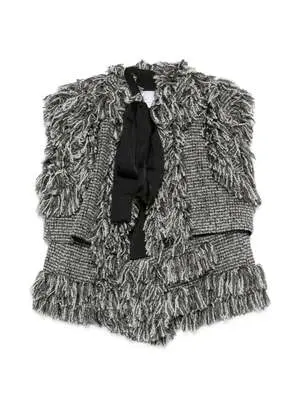 Sacai Sleeveless Tweed Effect Tiered Fringe Trimmed Pussy-bow Blouse