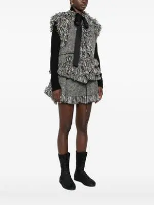 Sacai Sleeveless Tweed Effect Tiered Fringe Trimmed Pussy-bow Blouse