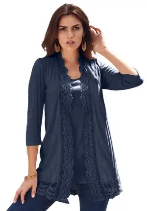 Roaman's Crochet Trim Pointelle Cardigan - Navy