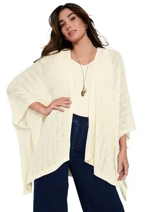 Roaman's Pointelle Open Front Ruana Cardigan - Ivory