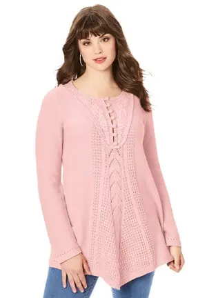 Roaman's Lace Yoke Pullover Sweater - Soft Blush