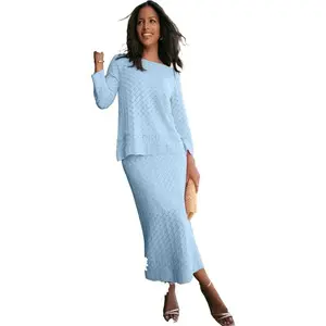 Roaman's Soft Pointelle Cropped Sweater - Soft Blue