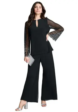 Roaman's Mesh Overlay Cardigan And Tank Set - Black