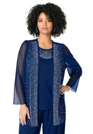 Roaman's Mesh Overlay Cardigan And Tank Set - Evening Blue