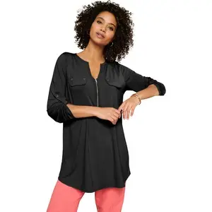 Roaman's Zip Front Ultrasmooth Tunic With Roll-tab Sleeves - Black
