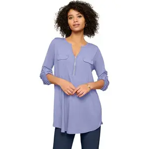 Roaman's Zip Front Ultrasmooth Tunic With Roll-tab Sleeves - Cool Lilac