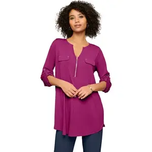 Roaman's Zip Front Ultrasmooth® Fabric Tunic - Raspberry