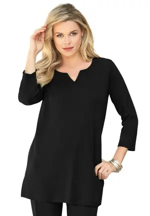 Roaman's Three-quarter Sleeve Notch Neck Soft Knit Tunic - Black