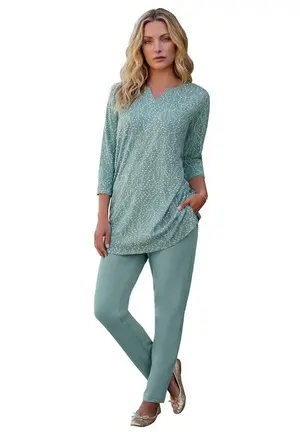 Roaman's Three Quarter Sleeve Notch Neck Soft Knit Tunic - Cool Sage