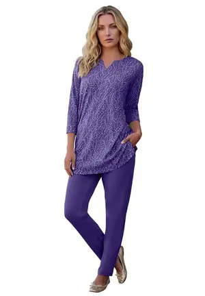 Roaman's Three Quarter Sleeve Notch Neck Soft Knit Tunic - Midnight Violet