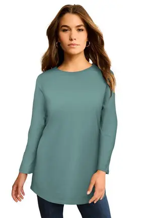 Roaman's Ultimate Cotton Crewneck Long Sleeve Tee - Cool Sage