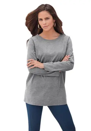 Roaman's Ultimate Cotton Crewneck Long Sleeve Tee - Medium Heather Grey