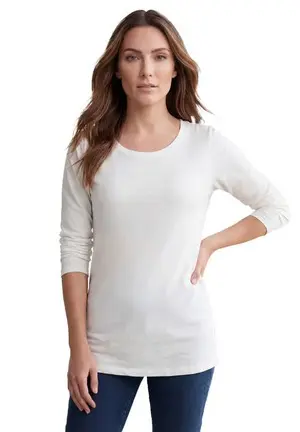 Roaman's Ultimate Cotton Crewneck Long Sleeve Tee - White
