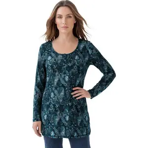 Roaman's Plus Size Knit Thermal Henley Top Long Sleeve Deep Teal