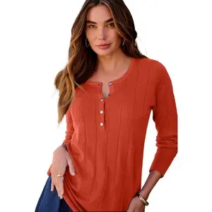 Roaman's Drop Needle Henley Lightweight Sweater Knit - Copper Red