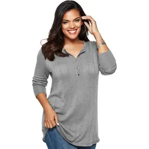 Roaman's Drop Needle Henley Lightweight Sweater Knit - Medium Heather Grey