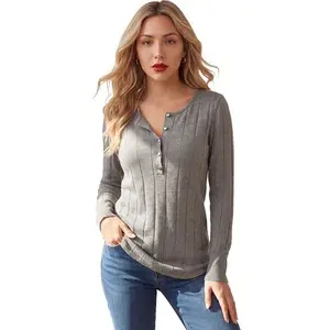 Roaman's Drop Needle Henley Lightweight Sweater Knit - Medium Heather Grey