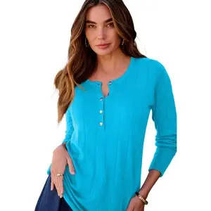 Roaman's Drop Needle Henley Lightweight Sweater Knit - Ocean