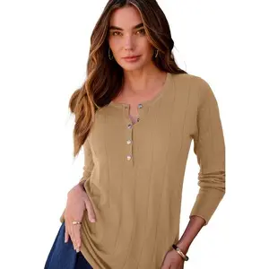Roaman's Drop Needle Henley Lightweight Sweater Knit - Soft Camel
