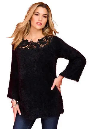 Roaman's Eyelash Lace Neck Sweater - Black