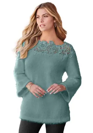Roaman's Eyelash Lace Neck Sweater With Bell Sleeves - Cool Sage