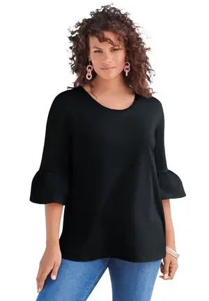 Roaman's Cotton Ultimate Bell Sleeve Tee - Black