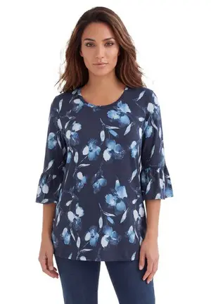 Roaman's Cotton Ultimate Bell Sleeve Tee - Navy Iris Floral