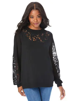 Roaman's Pullover Sweater With Cutout Detail - Black